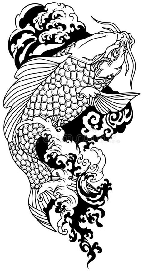 Japanese Koi Carp Swimming Upstream Black And White Tattoo Stock