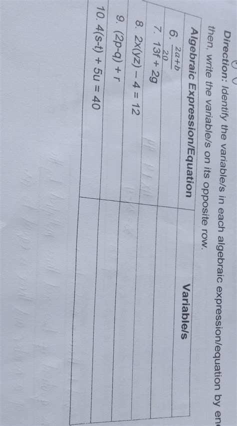 direction identify the variable s in each algebraic expression equation by encirthen write the