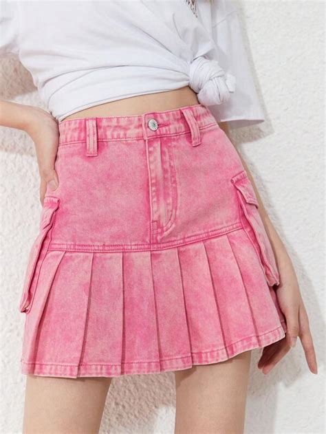 Teen Girls Flap Pocket Pleated Hem Denim Skirt SHEIN USA
