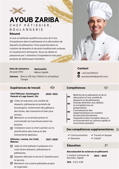 Exemple de CV Chef Pâtissier Boulangerie Moncvpro