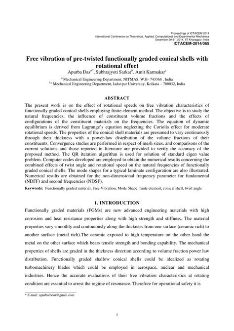 pdf free vibration of pre twisted functionally graded conical shells with rotational effect