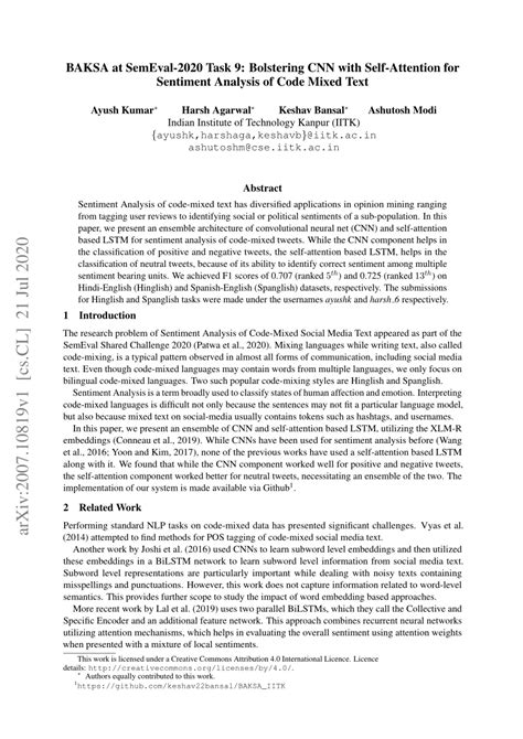 pdf baksa at semeval 2020 task 9 bolstering cnn with self attention for sentiment analysis of