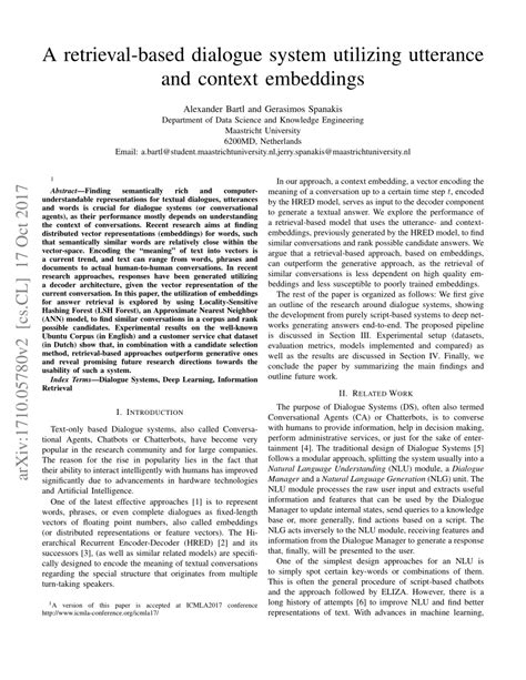 pdf a retrieval based dialogue system utilizing utterance and context embeddings