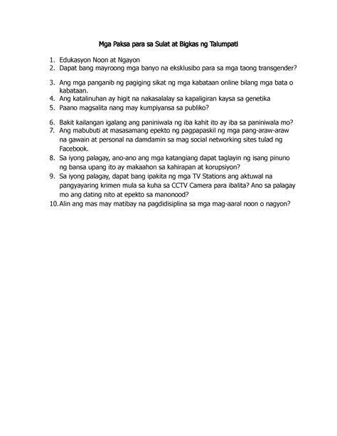 Mga Paksa Para Sa Sulat At Bigkas Ng Talumpati Mga Paksa Para Sa