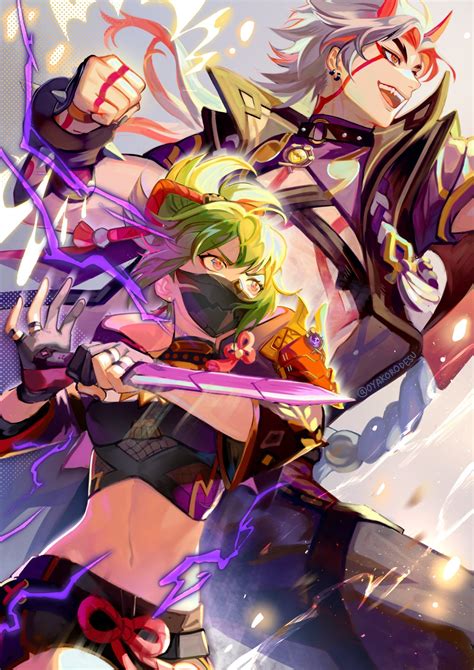 Kuki Shinobu And Arataki Itto Genshin Impact Drawn By Oyakorodesu