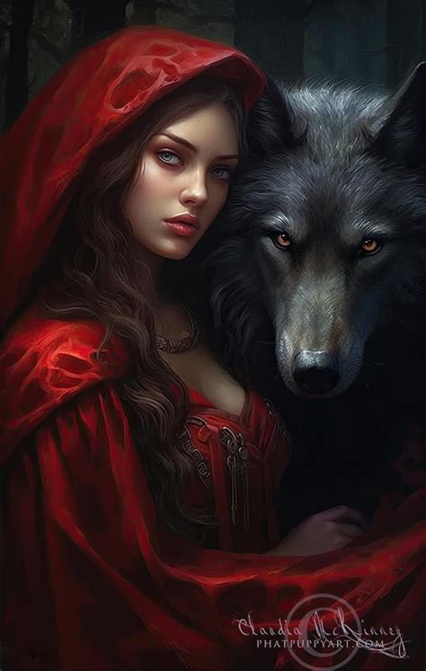 A Painting Of A Woman And A Wolf In The Woods With Red Cloaks On