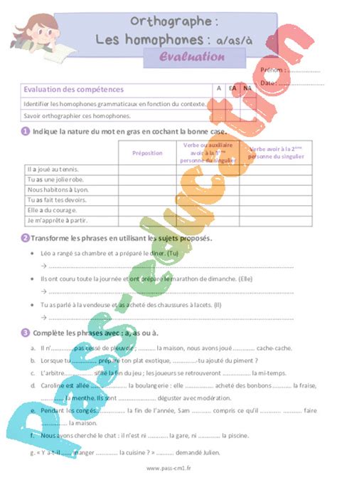 Les homophones Fiches a as à Évaluation d orthographe 4eme