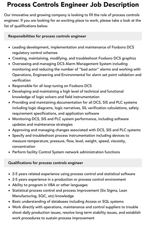 Process Controls Engineer Job Description Velvet Jobs