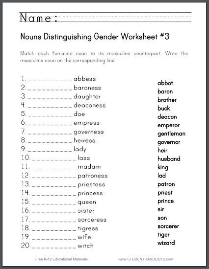 Nouns Distinguishing Gender Matching Worksheet Free To Print PDF