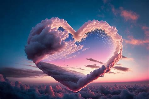 Nube de amor nubes de aire en forma de corazón en un atardecer de neón