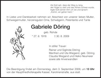 Traueranzeigen von Gabriele Döring Trauer HNA de