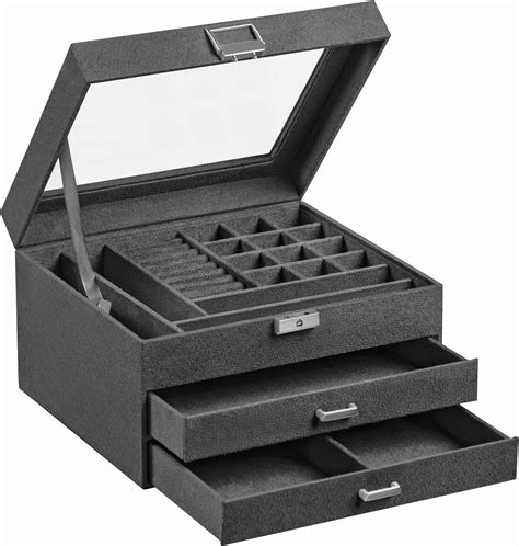 SONGMICS Schmuckkasten Schmuckkästchen mit 3 Ebenen Schmuckbox Samt