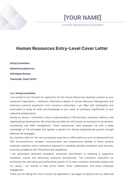 Free Human Resources Entry Level Cover Letter Template Edit Online