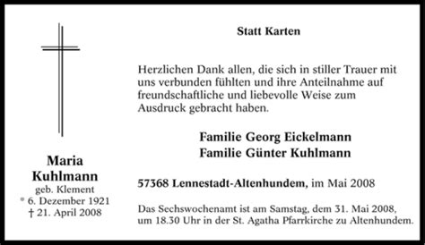 Traueranzeigen Von Maria Kuhlmann Trauer In Nrw De