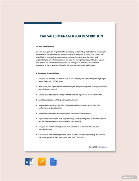 Job Description Template Sales Manager