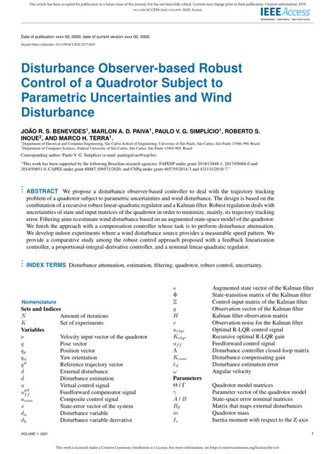 pdf disturbance observer based robust control of a quadrotor subject to parametric