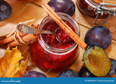 Jar Of Homemade Plum Jam With Cinnamon Stock Photo Image Of Purple