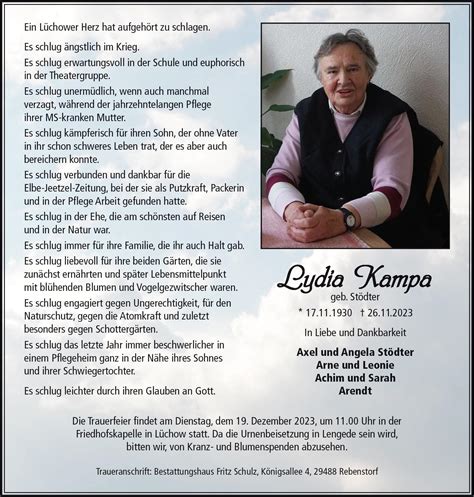 Das Trauerportal F R L Chow Dannenberg Todesanzeigen Lydia Kampa