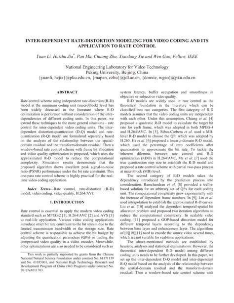 pdf inter dependent rate distortion modeling for video coding and its application to rate control