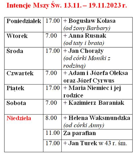 Intencje Mszy św Parafia świętej Jadwigi Śląskiej w Waksmundzie
