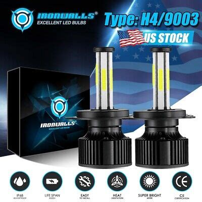 Ironwalls 6 Side H4 9003 COB LED Headlight Bulbs Kit Dual Beam Bright