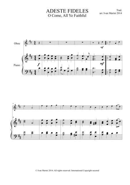 Adeste Fideles O Come All Ye Faithful For Oboe And Piano Arr