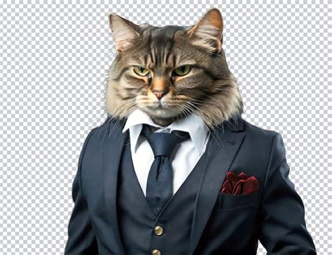 Retrato De Un Gato Vestido Con Traje Y Corbata Azul En Un Fondo Aislado