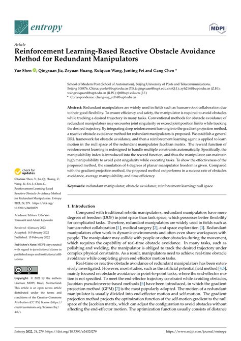 pdf reinforcement learning based reactive obstacle avoidance method for redundant manipulators