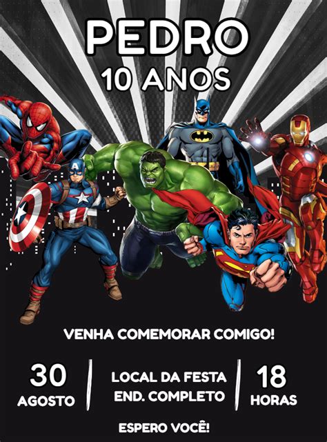 Convite Aniversário Heróis Marvel Edite grátis nosso editor online