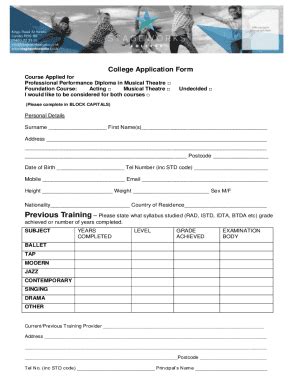 Fillable Online College Application Form Stageworks Fax Email Print