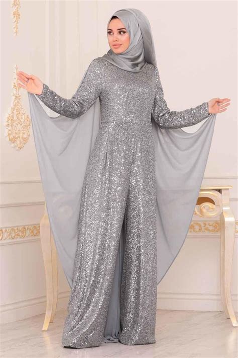Tesettürlü Abiye Elbise Pul Payetli Gri Tesettür Abiye Tulum 38870GR