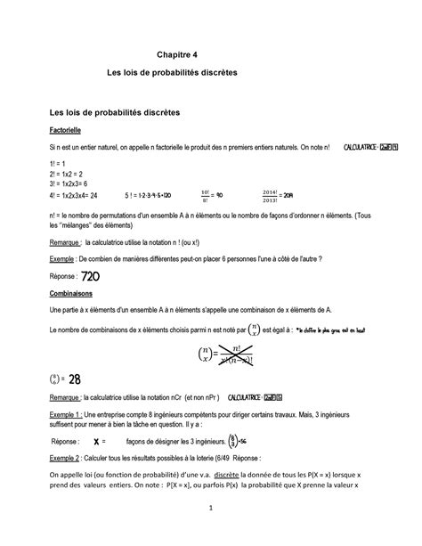 Chapitre 4 Les lois de probabilités discrètes Chapitre 4 Les lois