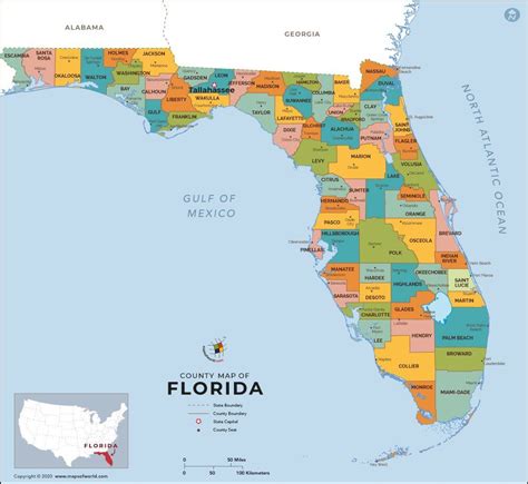 A Map Of The State Of Florida With All States And Major Cities On It S