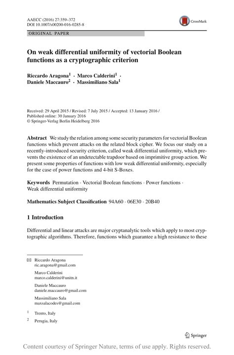 on weak differential uniformity of vectorial boolean functions as a cryptographic criterion