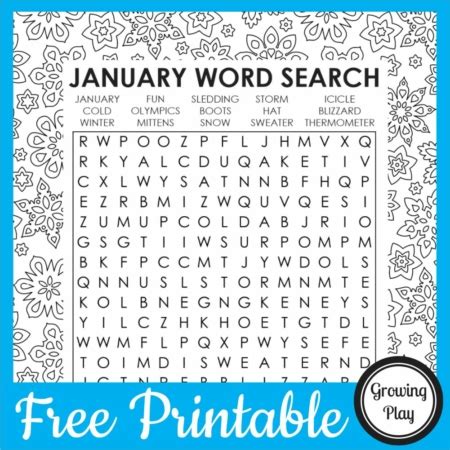 January Word Search Free Printable Growing Play