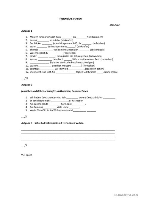 Trennbare Verben allgemeine Deutsch DAF Arbeitsblätter pdf doc