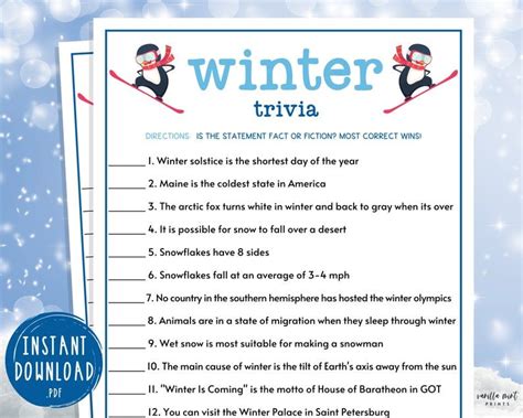 Winter Trivia Game Printable Winter Games Wintertime Etsy Trivia
