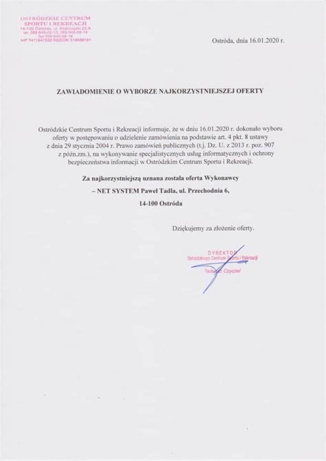 Zawiadomienie O Wyborze Najkorzystniejszej Oferty OCSiR