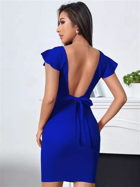 Le Merg Vestido apertado sem encosto nó manga flutuante gola quadrada