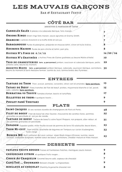 Restaurant Menu Les Mauvais Garçons