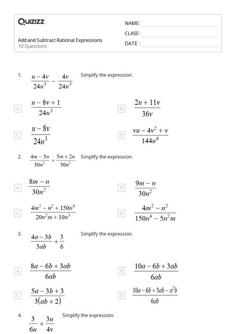 Rational Expressions Worksheets For Th Year On Quizizz Free