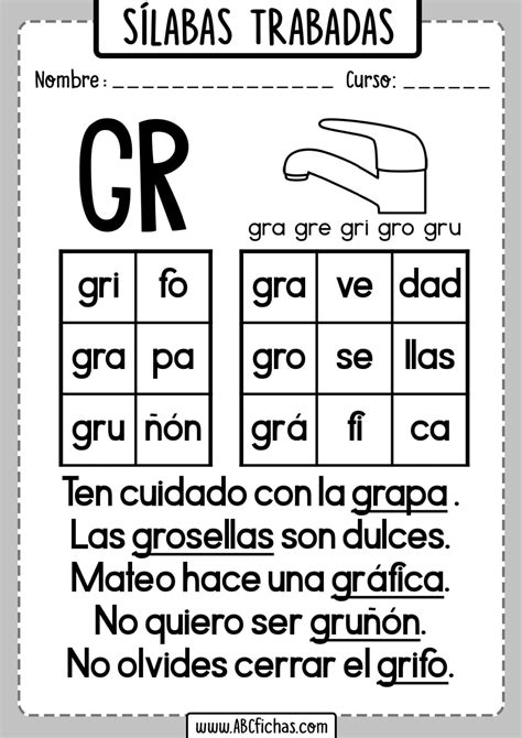 Fichas Silabas Trabadas Gr Gra Gre Gri Gro Gru ABC Fichas