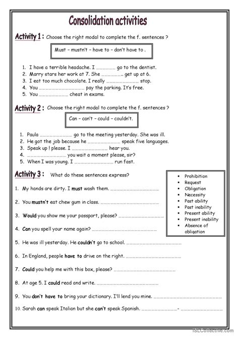 Modals Review Activity General Gramm Fran Ais Fle Fiches Pedagogiques