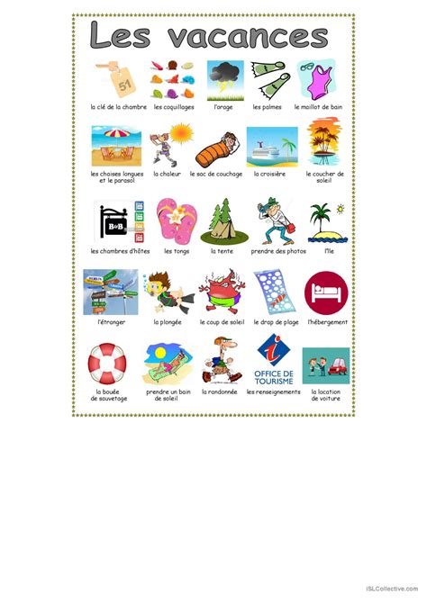 Lexique vacances dictionnaire visuel Français FLE fiches pedagogiques