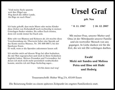 Trauer Und Todesanzeigen Von Ursel Graf Trauer De