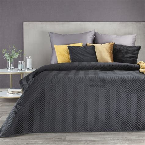 Modna narzuta velvet 170X210 Czarny wzór jodełka Eurofirany Sklep