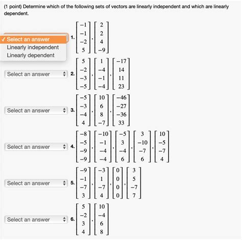 solved point determine which of the following sets of vectors are linearly independent and
