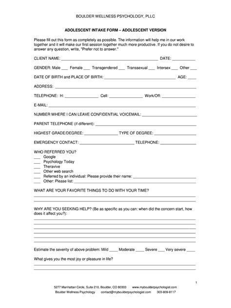 Fillable Online ADOLESCENT INTAKE FORM ADOLESCENT VERSION Fax Email