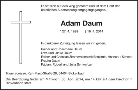 Traueranzeigen Von Adam Daum Vrm Trauer De