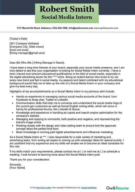 Social Media Intern Cover Letter Examples QwikResume